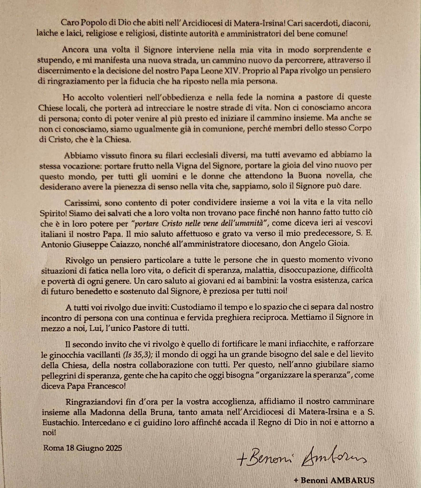S. E. Mons. Benoni Ambarus nuovo Arcivescovo di Matera-Irsina e Vescovo ...